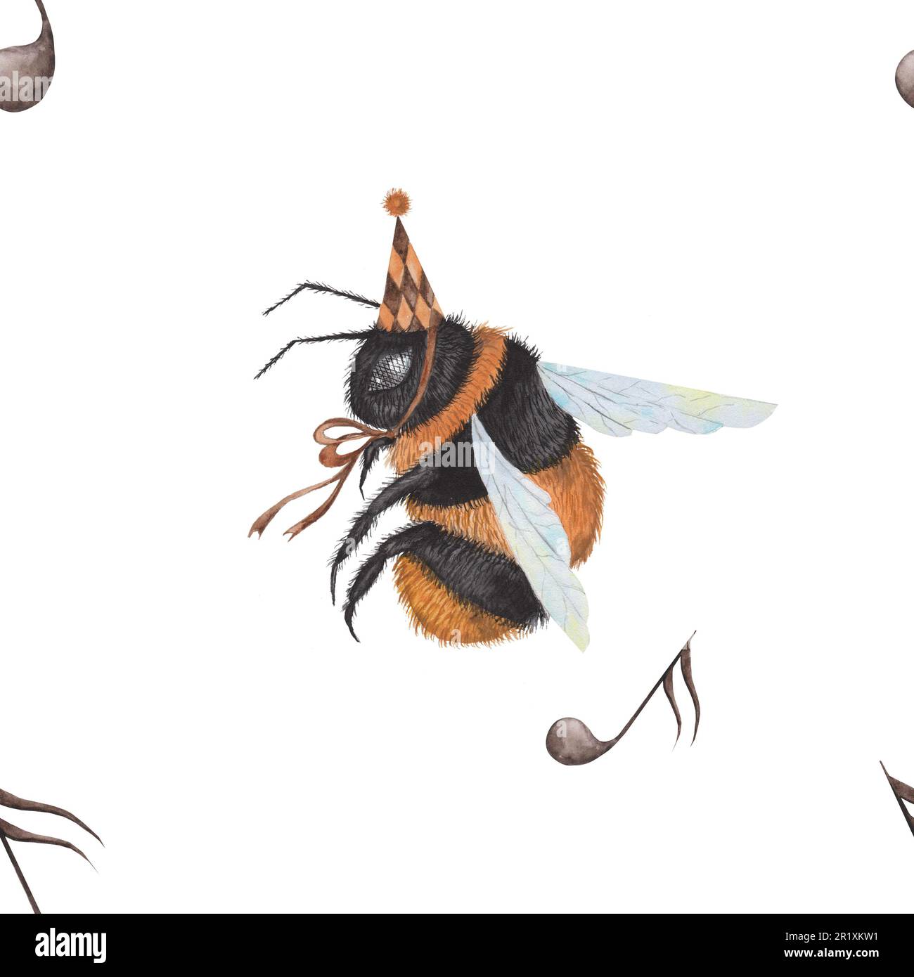 seamless watercolor pattern bumblebees flying and clover flowers. a ...