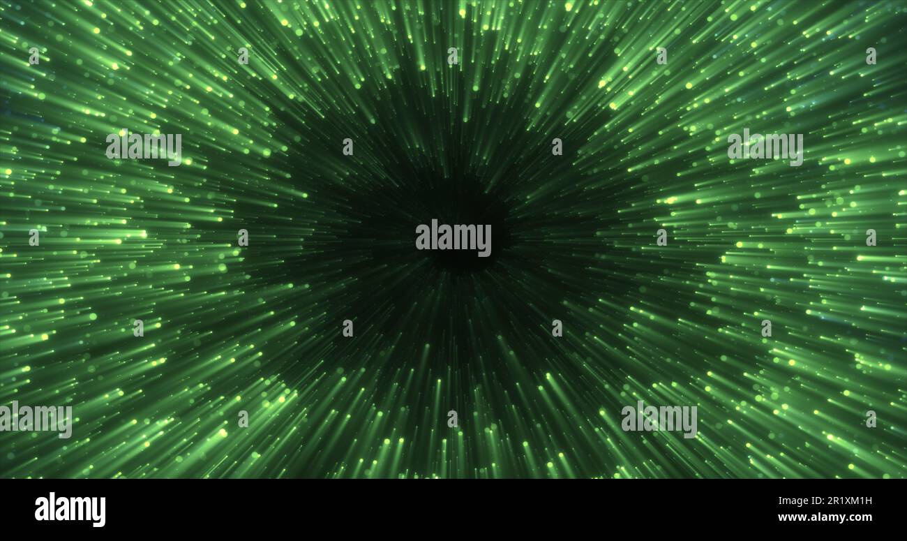 Abstract green energy magical glowing spiral swirl tunnel particle background with bokeh effect ...