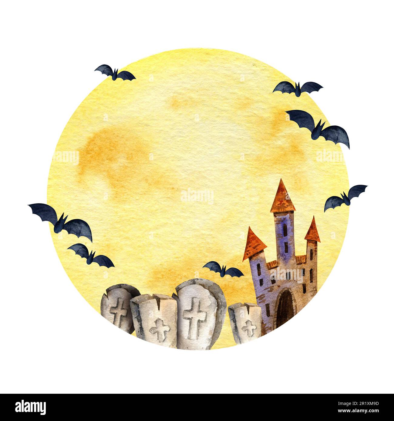 watercolor composition of halloween theme with moon, tower, headstone ...