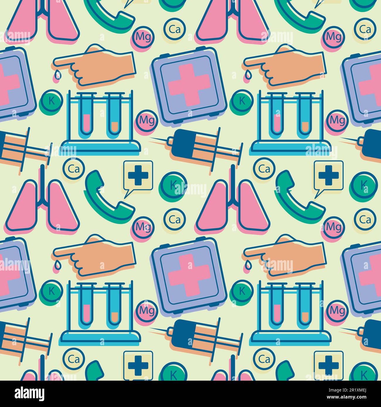 medical pattern with elements of vitamins, hand, lab tubes, healthkit ...