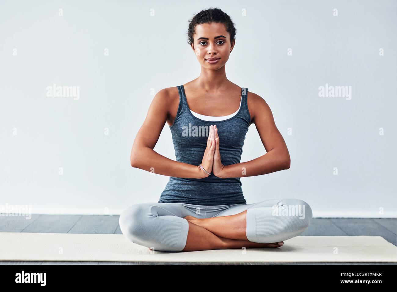 Yoga, meditation and portrait of woman for wellness, breathing exercise ...