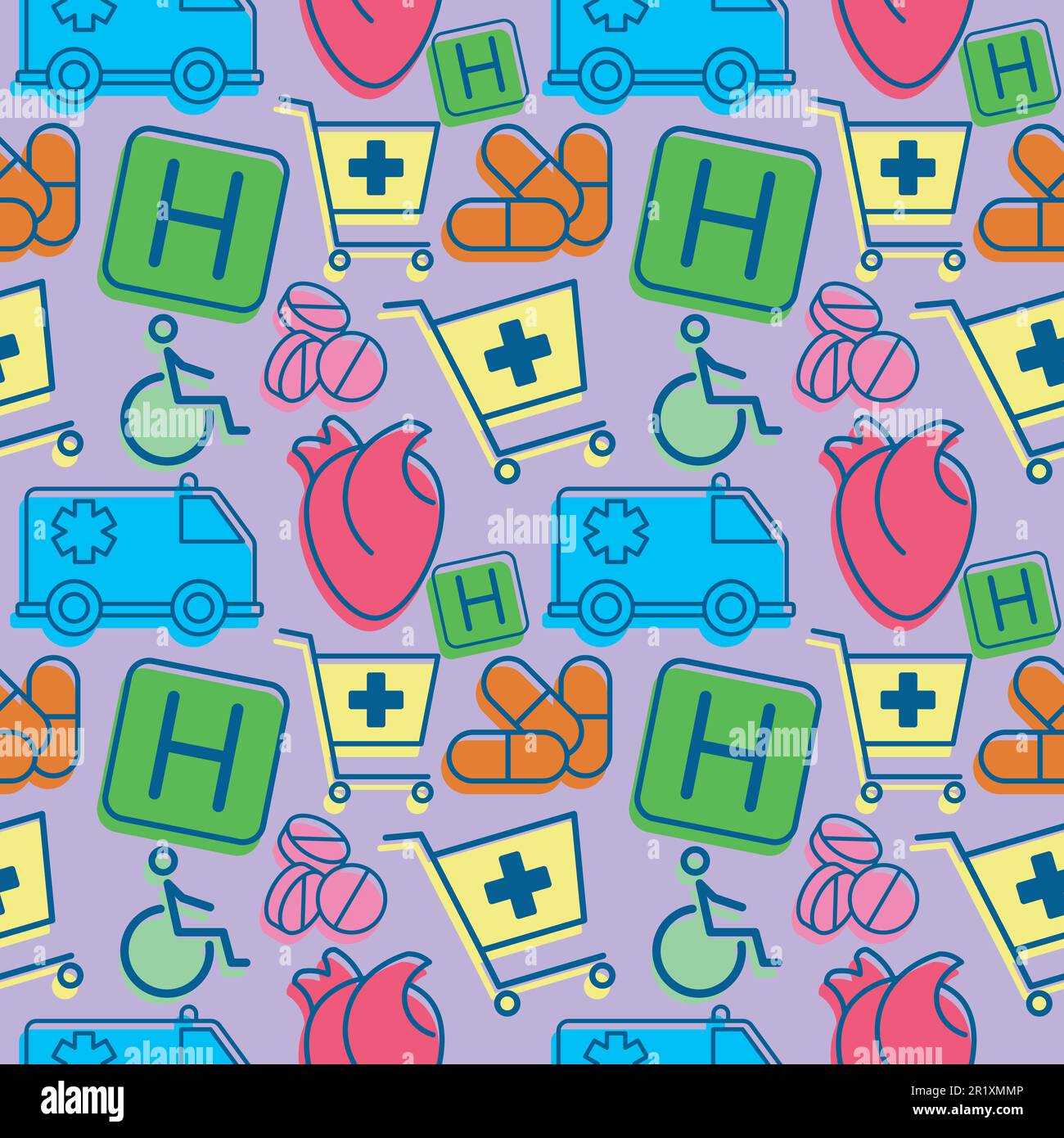 medical pattern with color elements of pills, heart, cart, ambulance ...