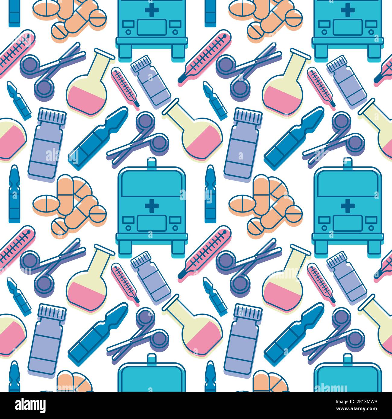 medical pattern with color elements of pills, scissors, lab flask ...