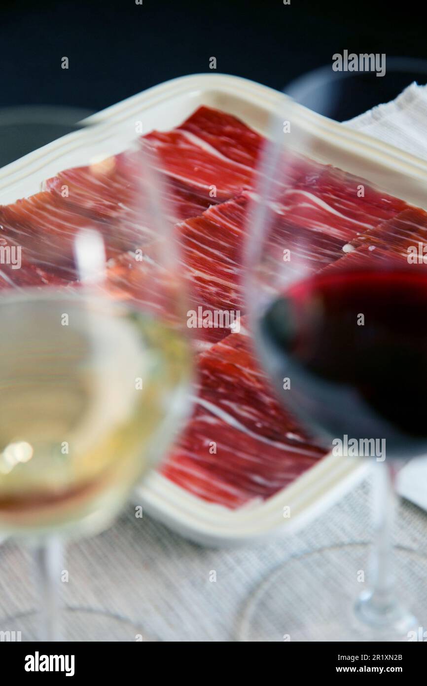 Spanish tapa of Iberian ham. Iberian ham is a type of serrano ham from ...