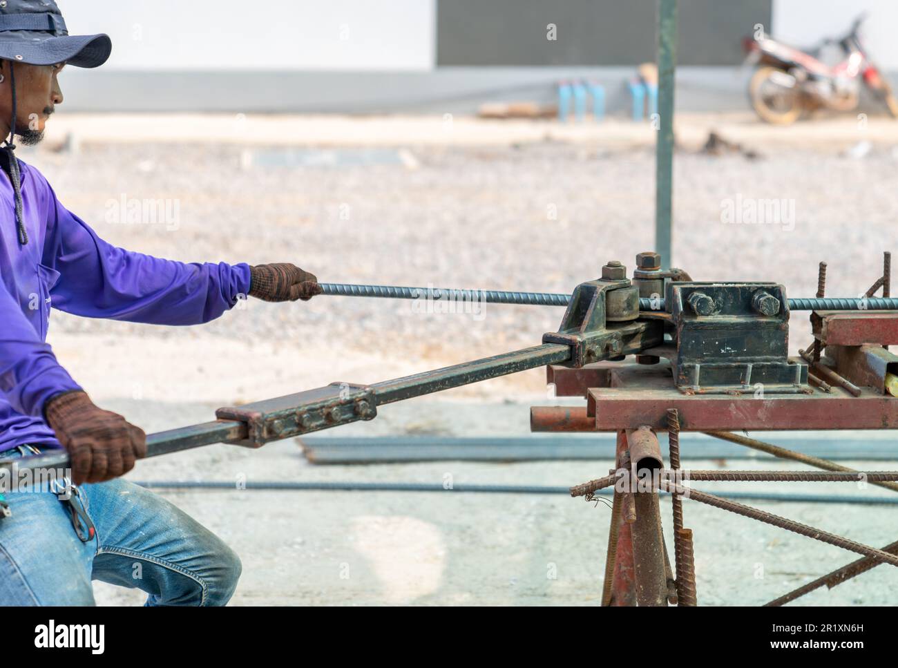 Workers working at the steel reinforcement bar bending in the ...