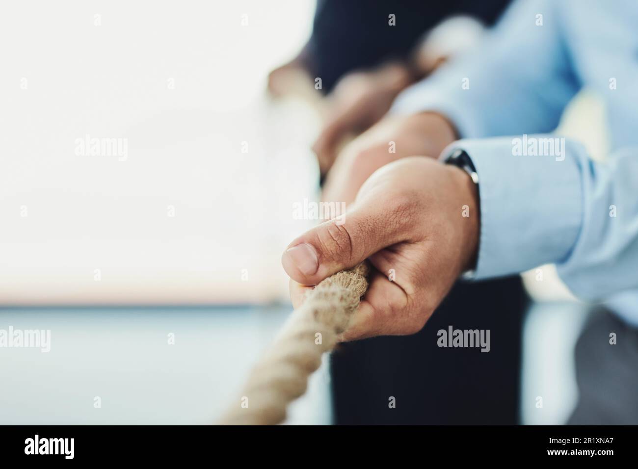 Hand, rope and business people, tug of war and team building ...