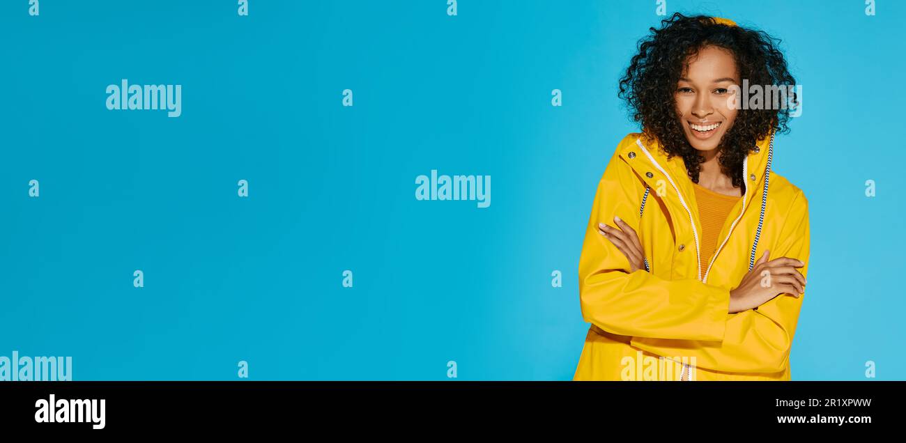 Advertisement for seasonal clothing for rainy weather. Portrait of ...