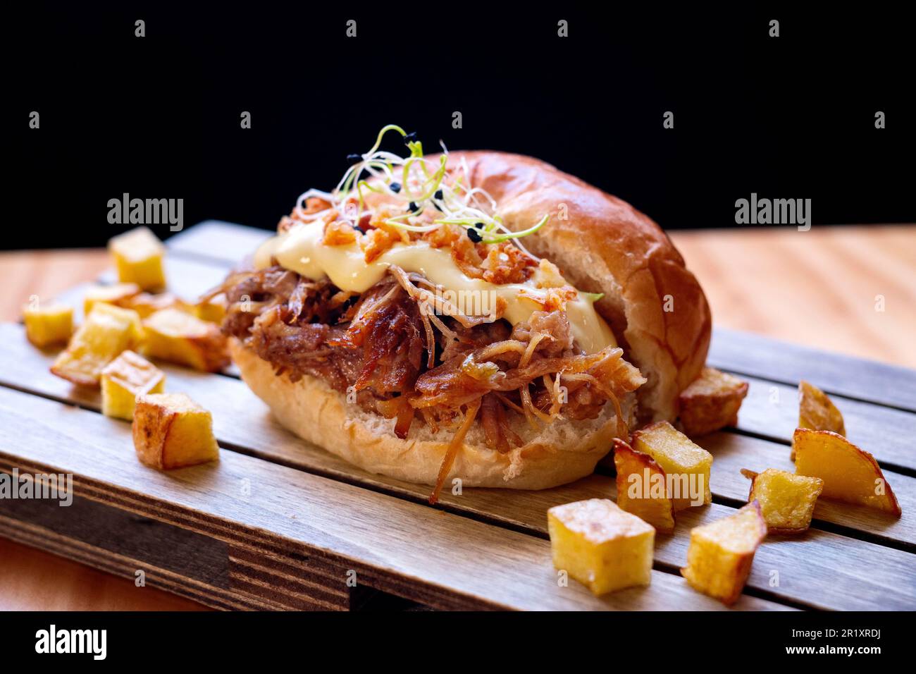 Brioche with pulled pork and mayonnaise Stock Photo - Alamy