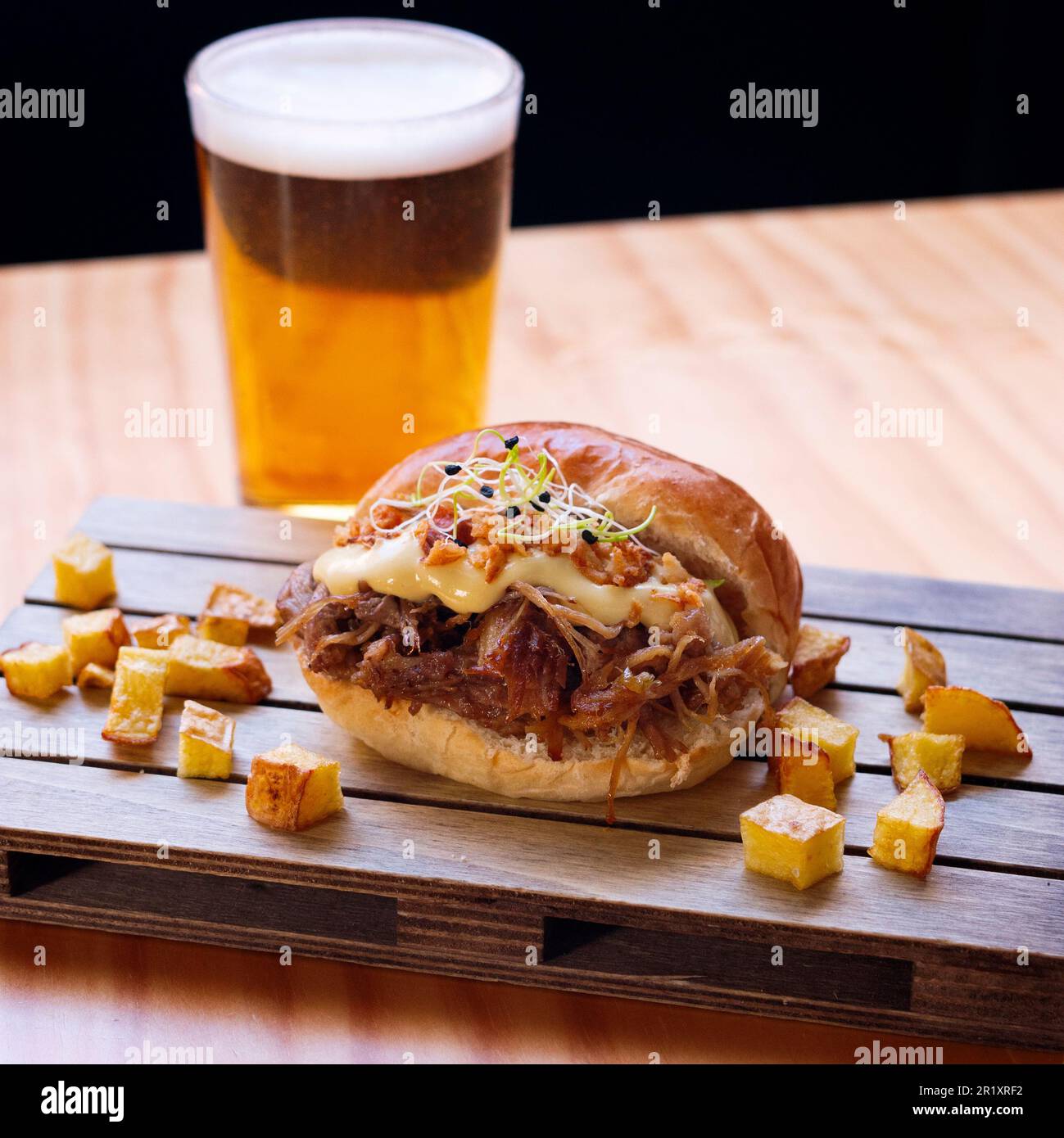 Brioche with pulled pork and mayonnaise Stock Photo - Alamy