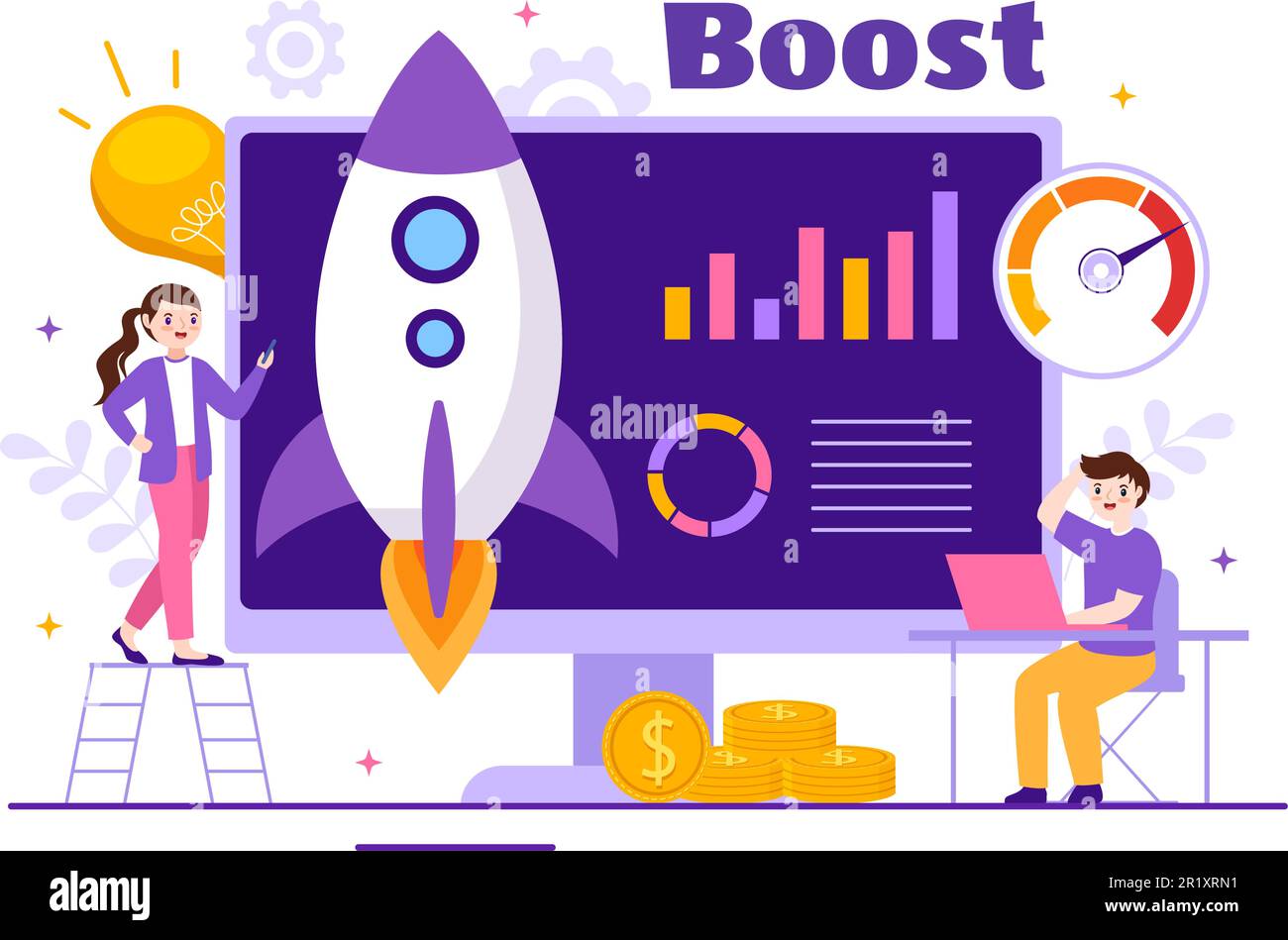 Business Boost Vector Illustration with Digital Marketing Rocket ...