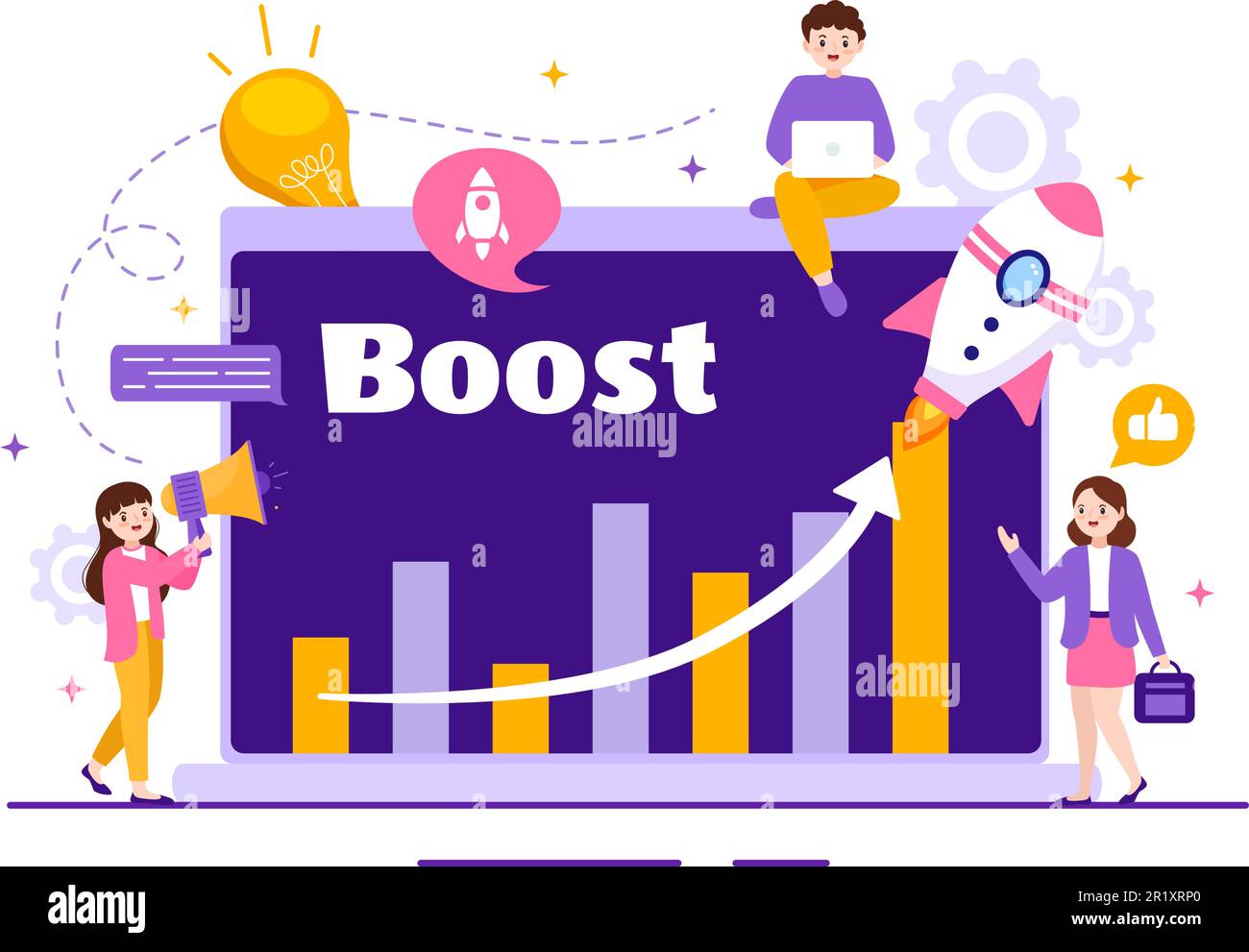 Business Boost Vector Illustration with Digital Marketing Rocket ...