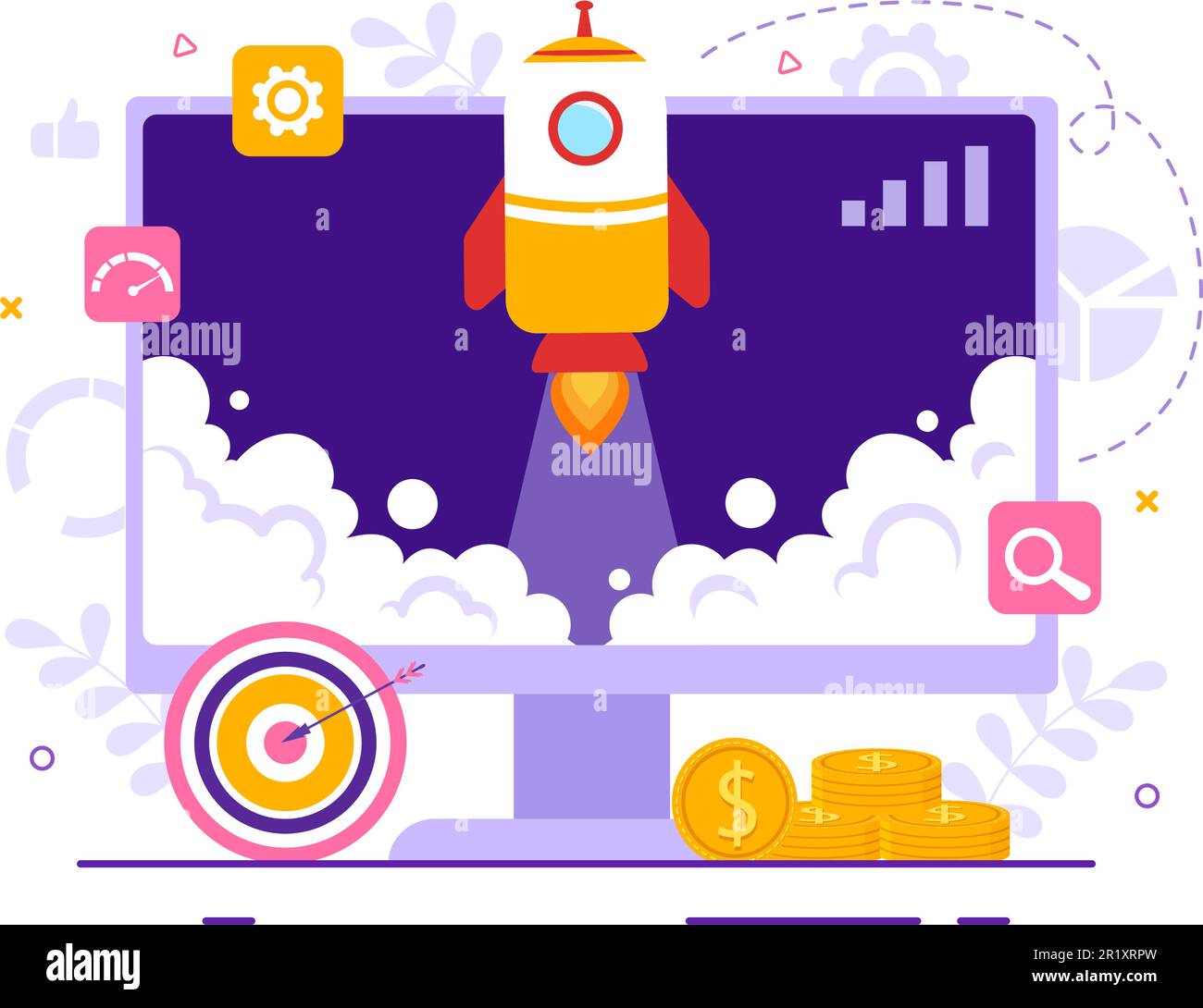 Business Boost Vector Illustration with Digital Marketing Rocket ...