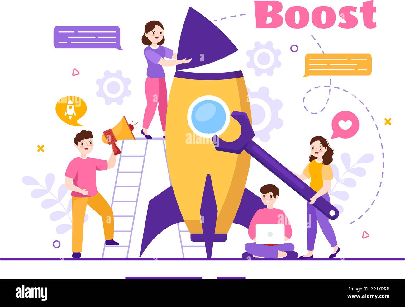Business Boost Vector Illustration with Digital Marketing Rocket ...