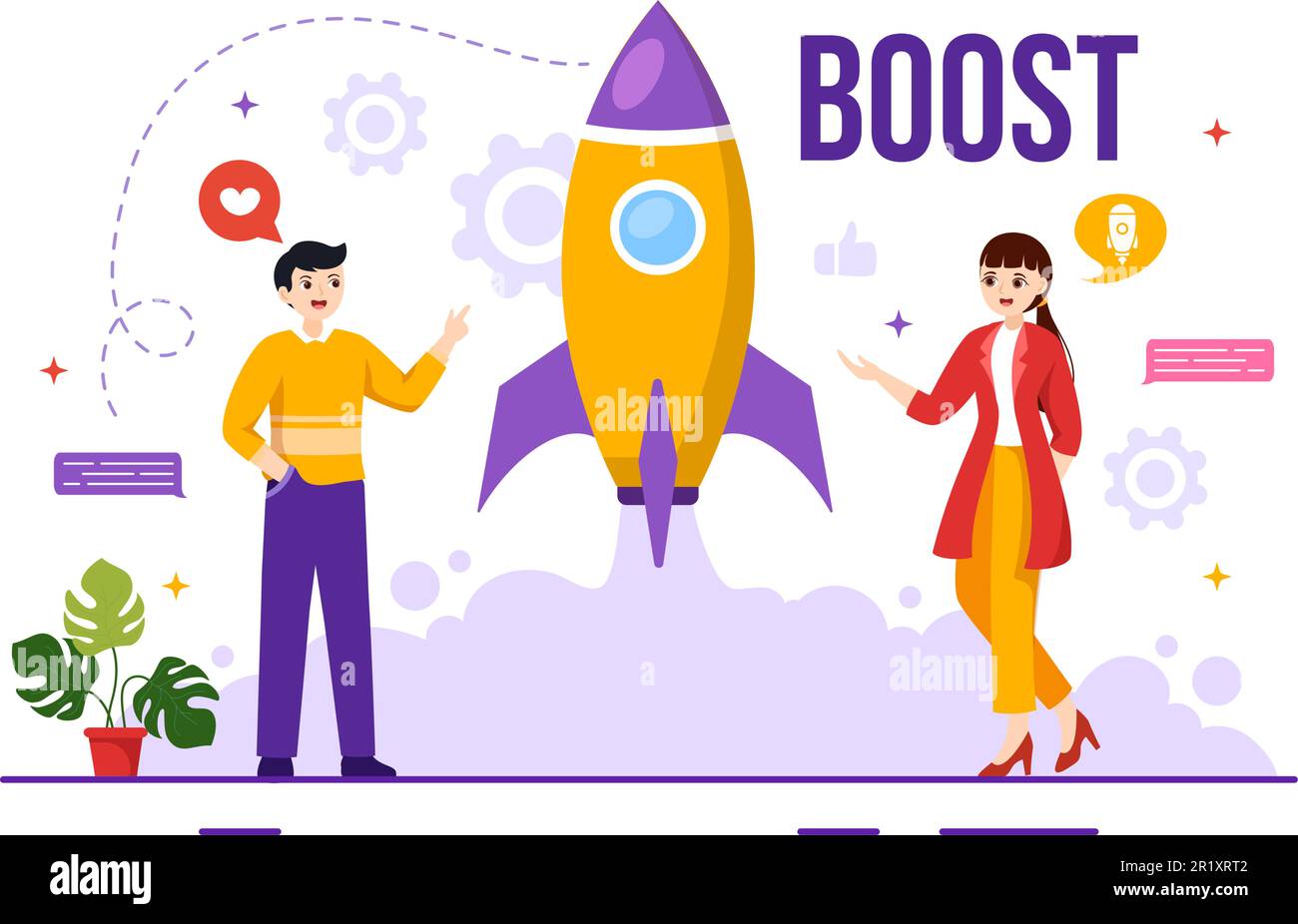 Business Boost Vector Illustration with Digital Marketing Rocket ...