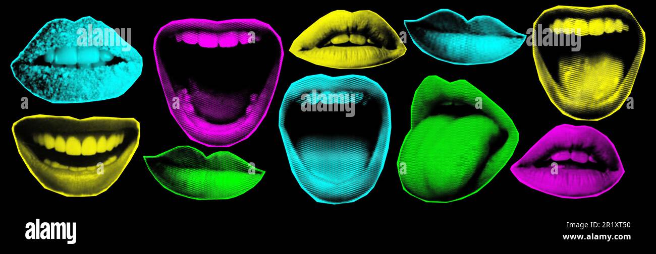 Halftone mouth. Collage design lips in trendy magazine style. Vector ...