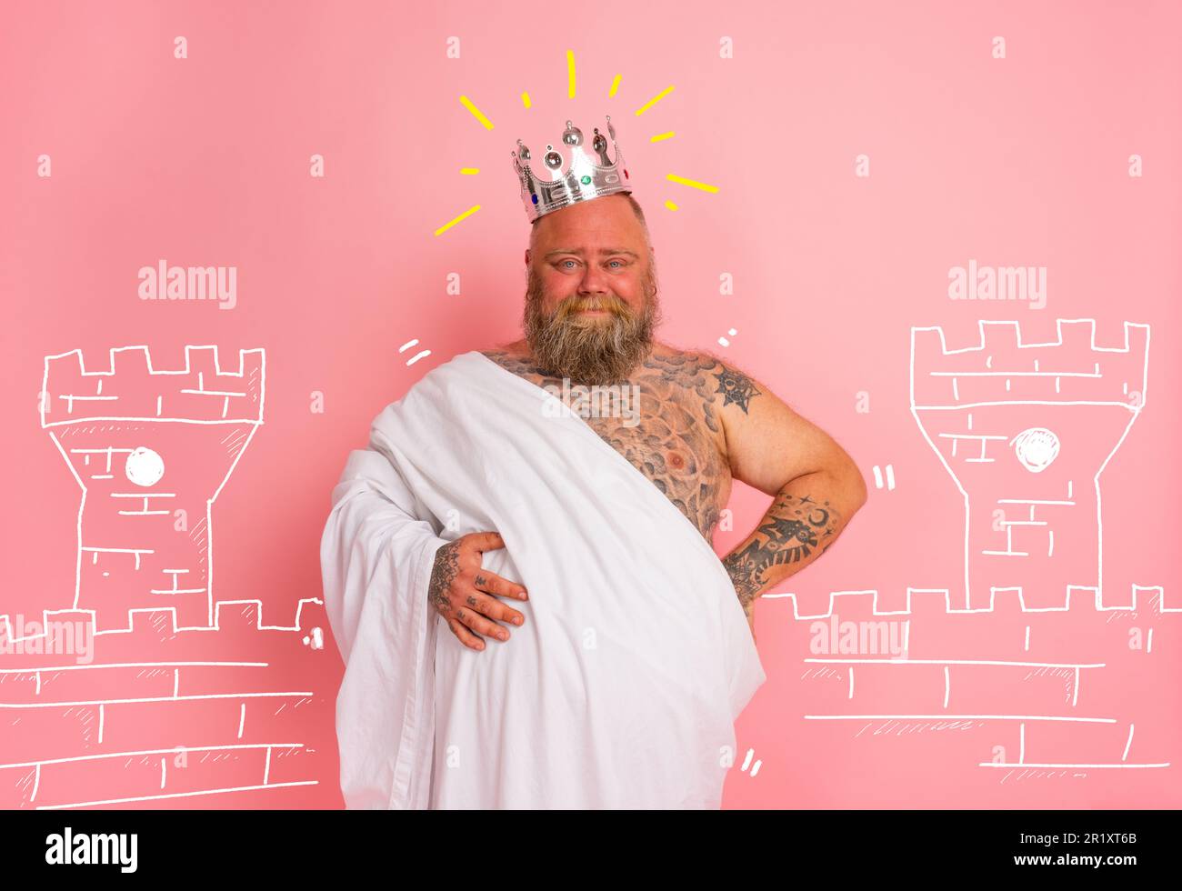 Funny man acts like an important king with a crown above the head Stock ...