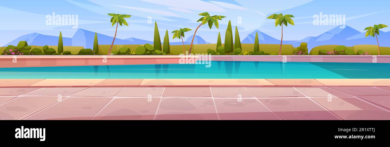 Cartoon swimming pool with mountains on horizon. Vector illustration of ...