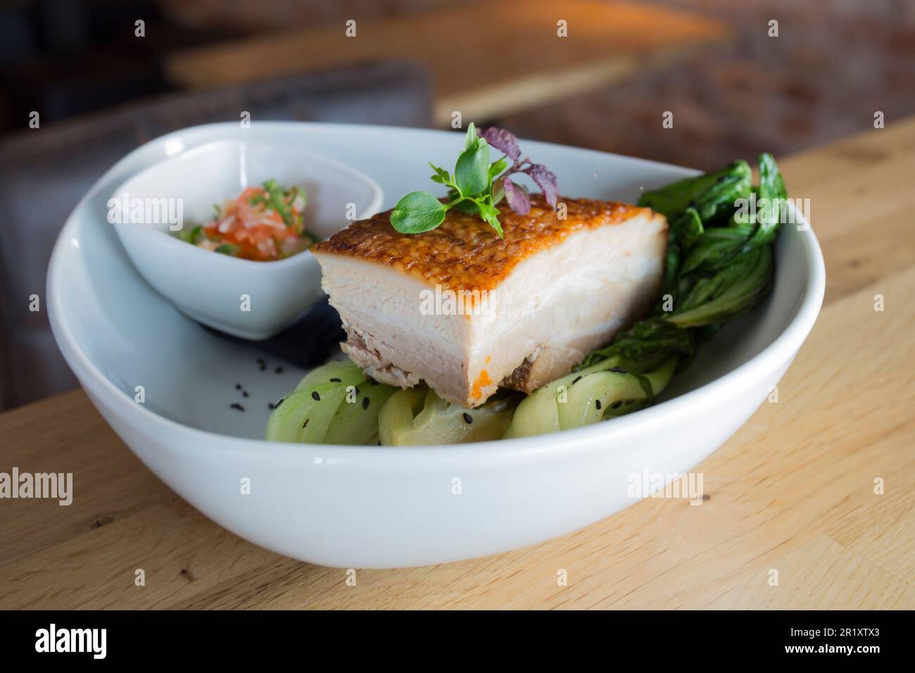 Bacon cooked in the oven at a low temperature in a luxury restaurant ...