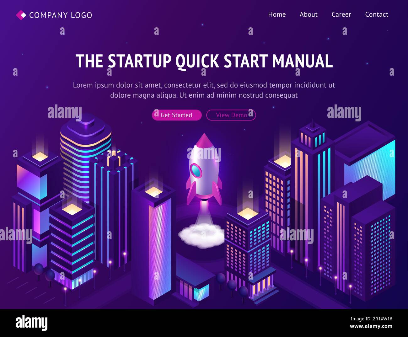 Start up launch in smart city isometric landing page. Rocket take of ...