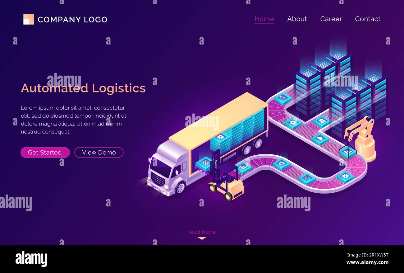 Automated logistics isometric landing page. Web icons moving on ...