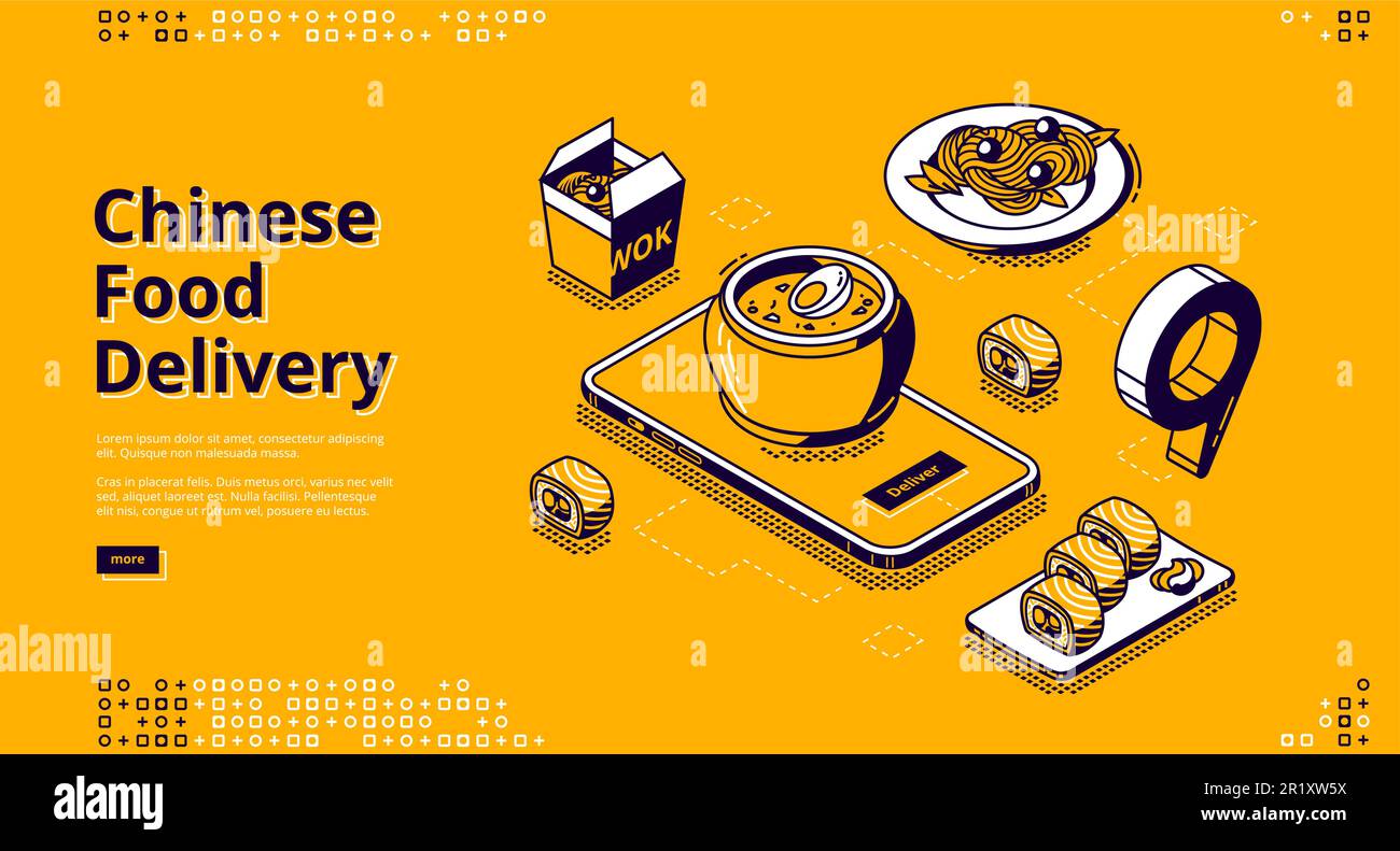Chinese food delivery isometric landing page. Mobile app, online ...