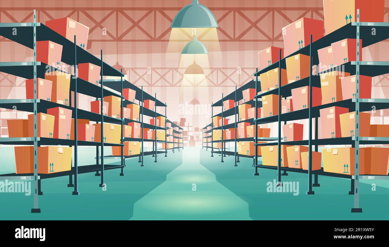 Warehouse interior with cardboard boxes on metal racks. Vector cartoon ...
