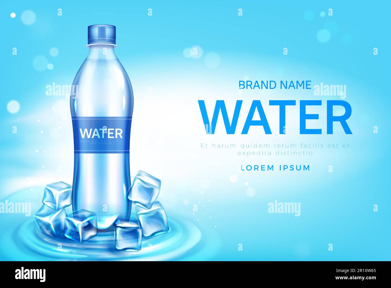 Mineral water bottle with ice cubes. Vector realistic brand poster with ...