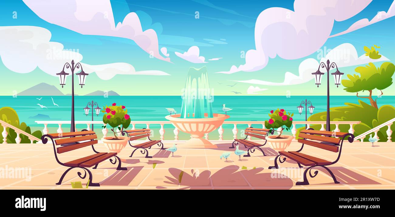 Summer seafront with fountain, benches and vintage fence. Vector ...