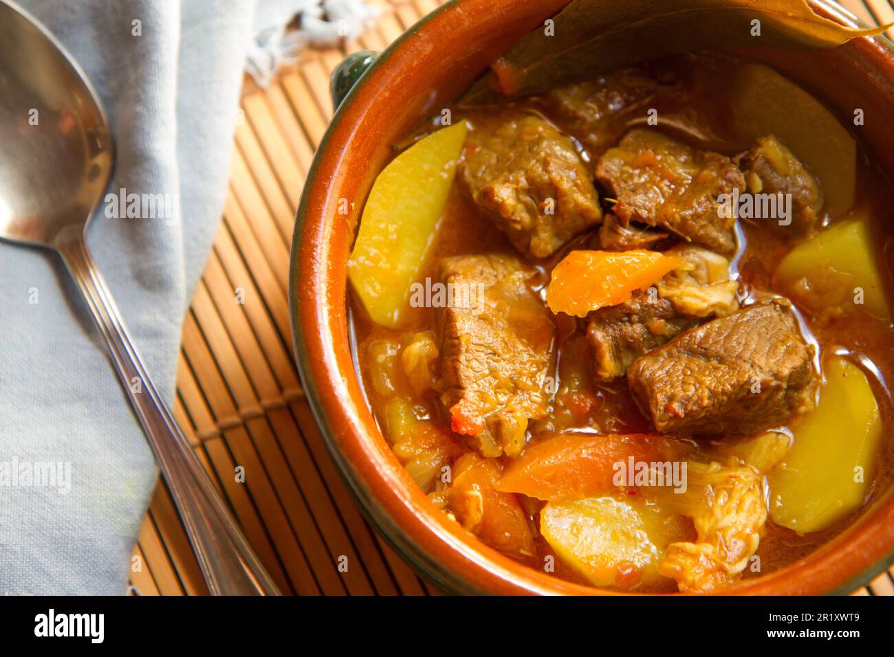Stewed beef with potatoes and vegetables. Traditional Spanish tapa ...