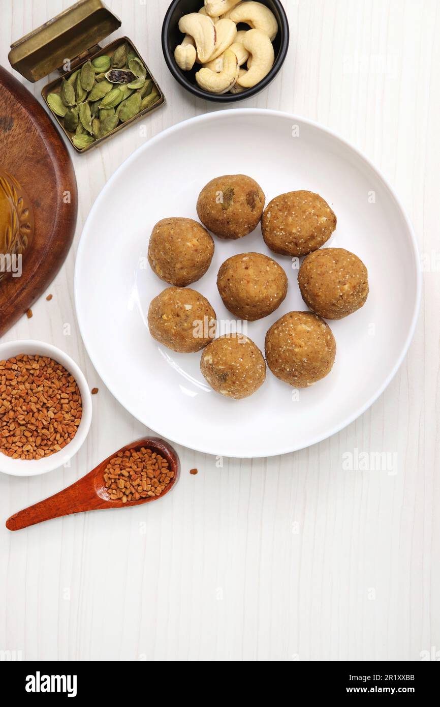 Gond and Methi Ke Laddu or Pinni. Fenugreek Laddu Made From Fenugreek Seeds, Saunf, Jaggery, and ...