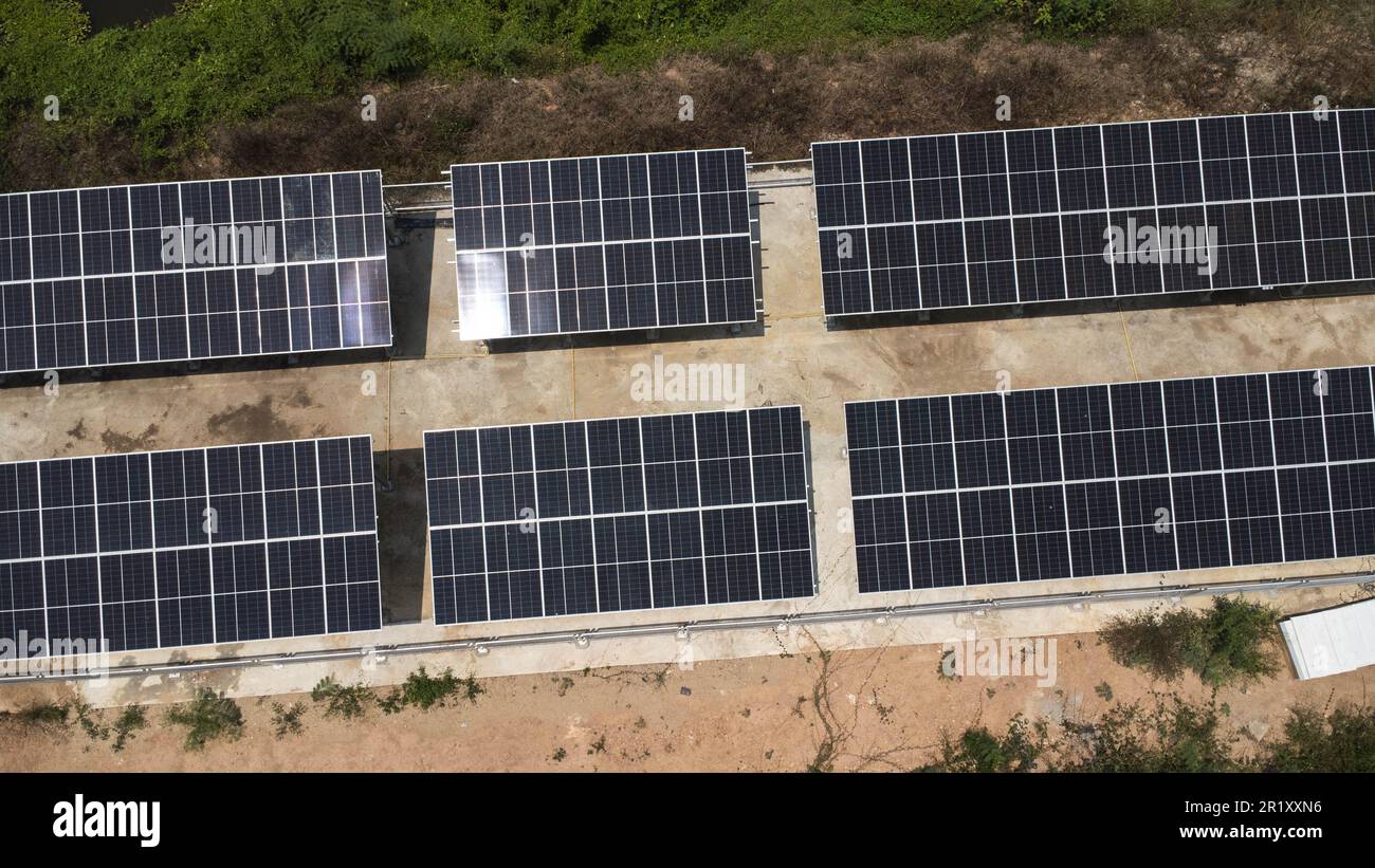 Top view on photovoltaic solar power panels. Drone aerial view of solar ...