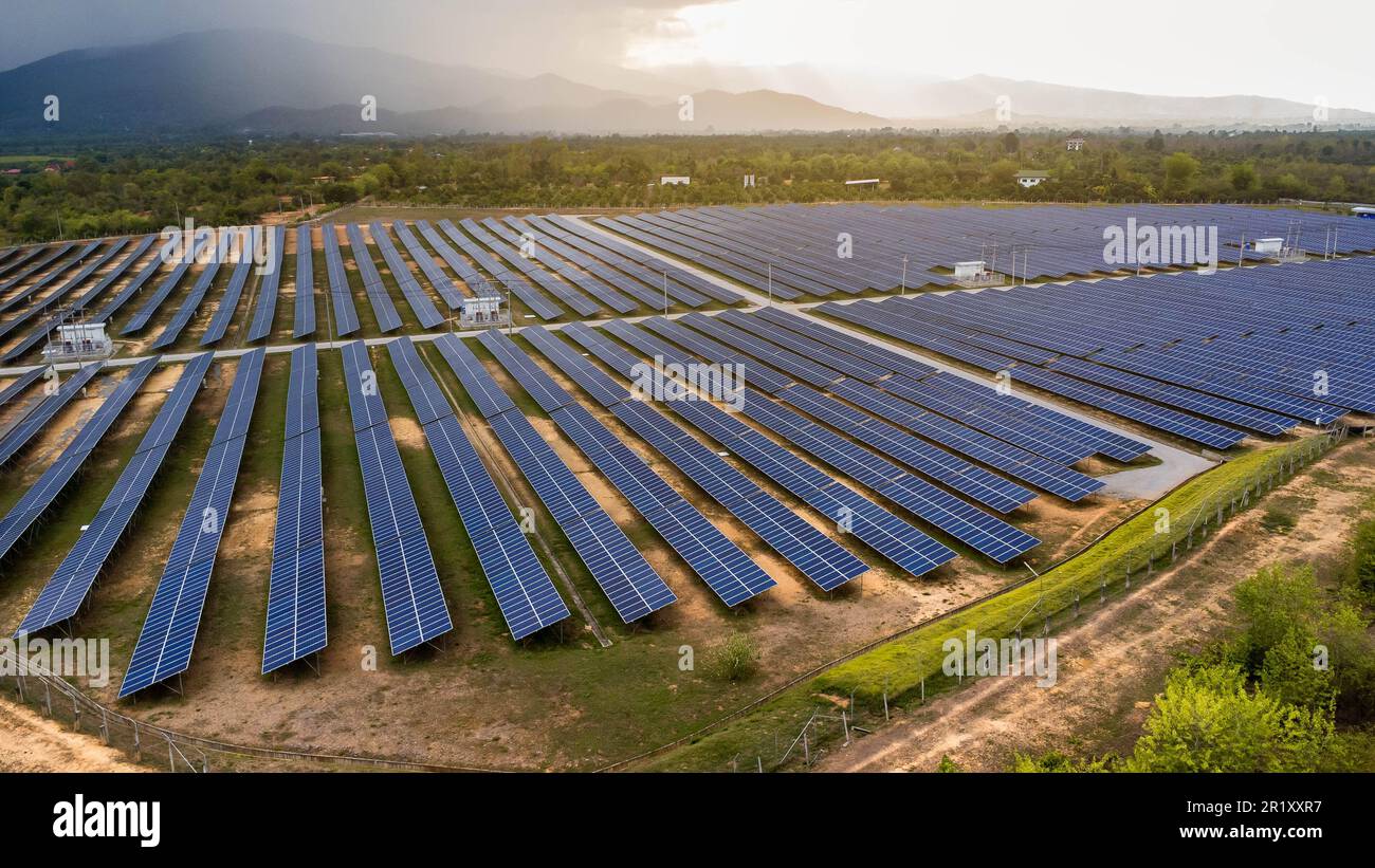 Top view on photovoltaic solar power panels. Drone aerial view of Solar ...