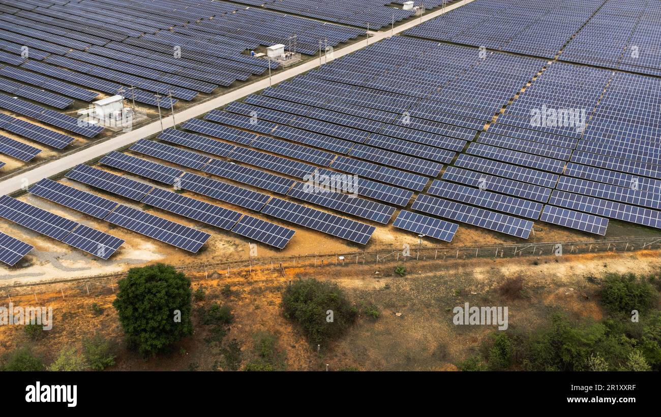Top view on photovoltaic solar power panels. Drone aerial view of Solar ...