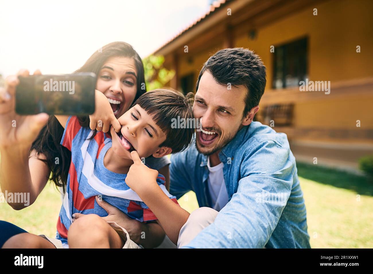 Happy family, smile and silly face for selfie, funny photo or profile ...