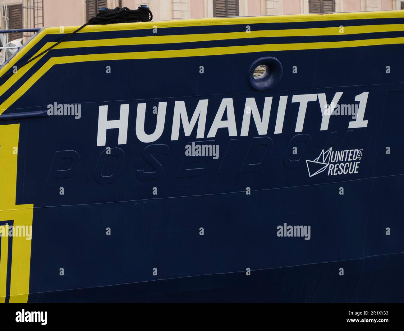 SYRACUSE, ITALY - MAY 13 2023 - sea rescue SOS Humanity 1 boat moored ...