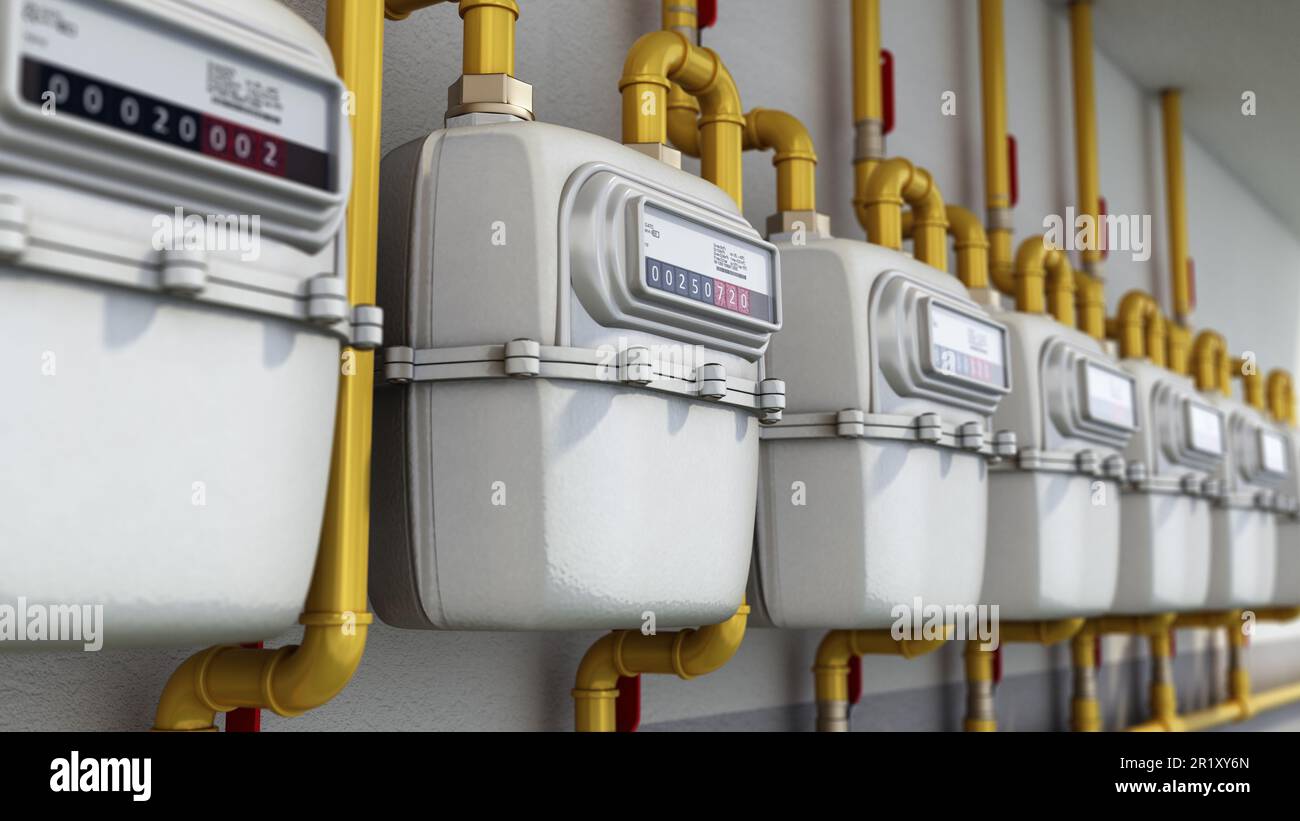 Domestic gas meters in a row. 3D illustration Stock Photo - Alamy