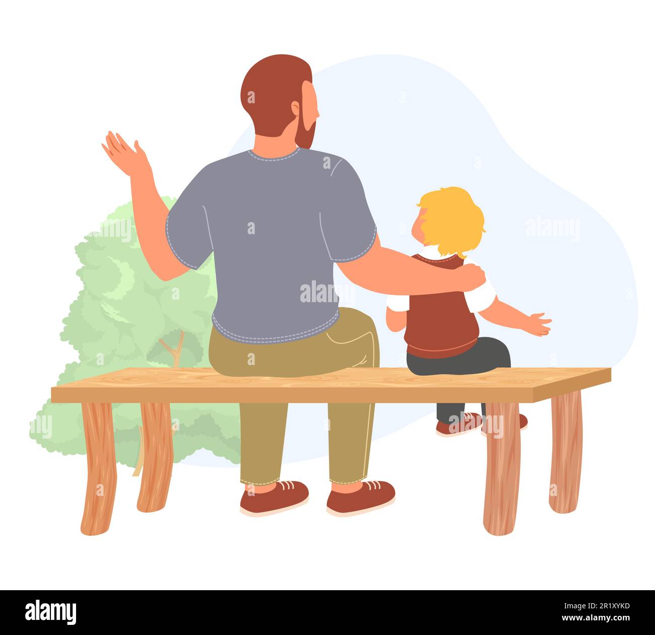 Father spending time with little boy son sitting on bench Stock Vector ...