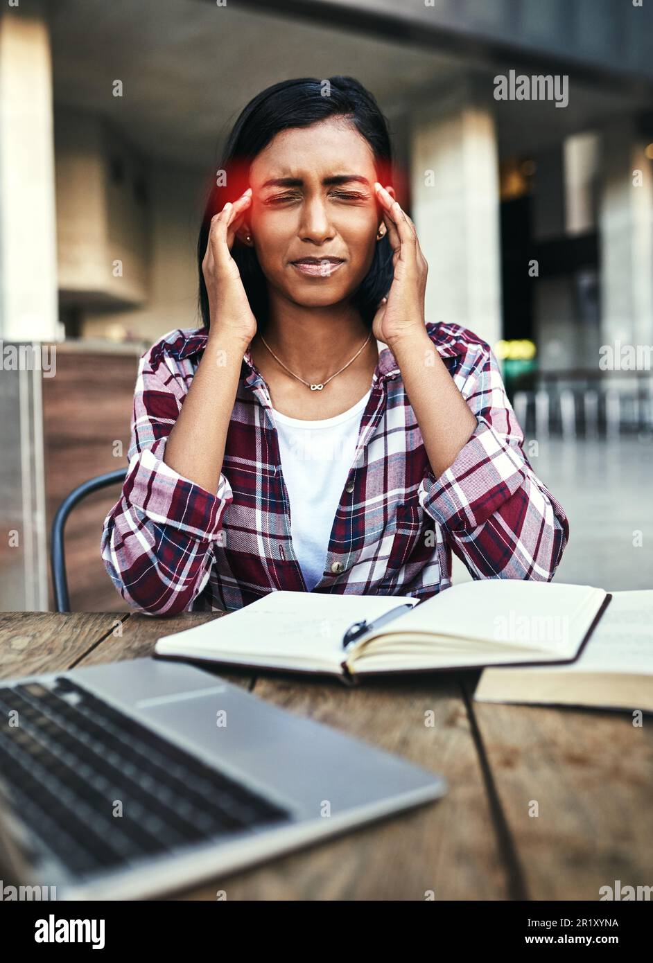 Woman, student and headache in stress, burnout or anxiety from ...