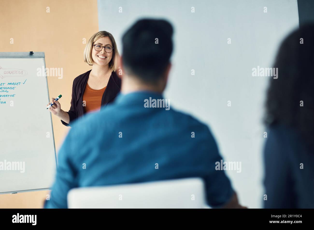 Presentation meeting, seminar speech and happy woman talking to ...