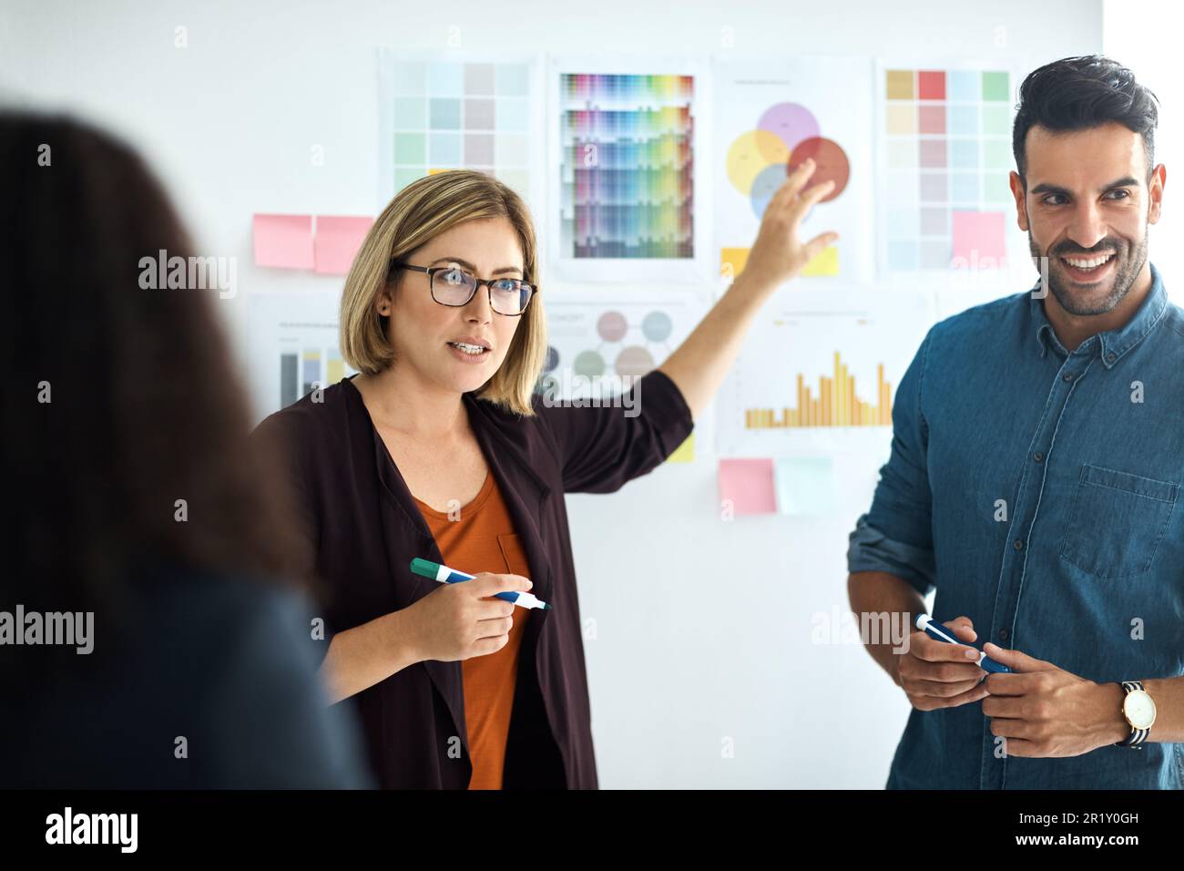 Presentation board, audience and business people planning, teamwork or ...