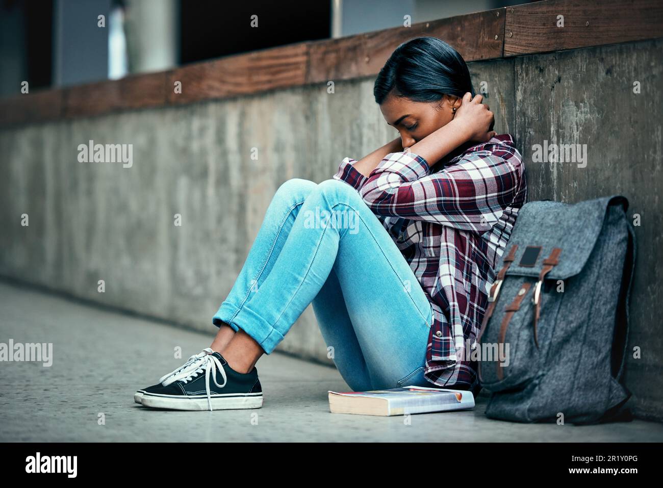 Student, anxiety and woman with burnout, university and depression with ...