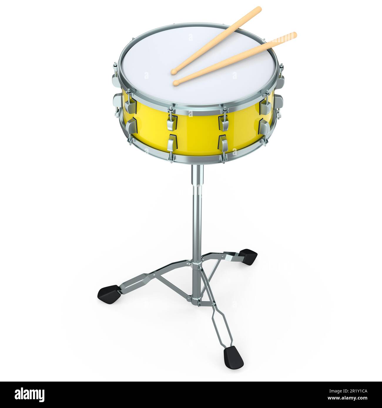 Realistic drum and wooden drum sticks and stand on white background. 3d ...