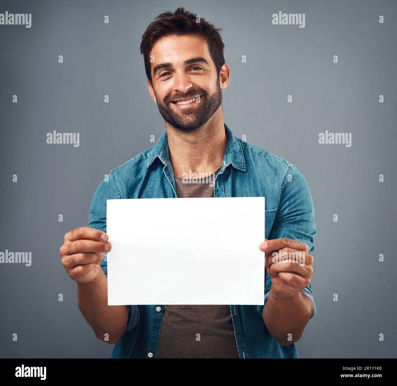 Happy man, portrait and billboard on mockup for advertising, marketing ...