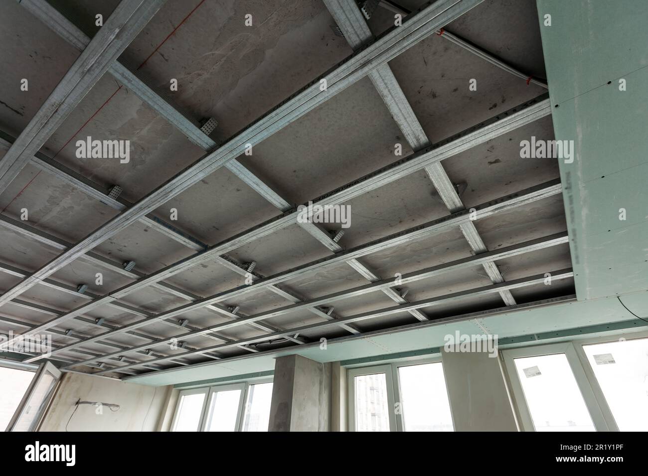 Working process of installing metal frames for plasterboard -drywall ...