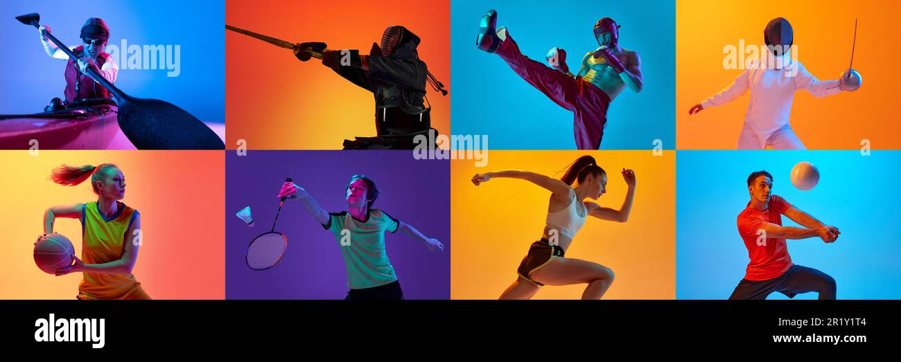 Collage made of different people of various age and gender doing ...