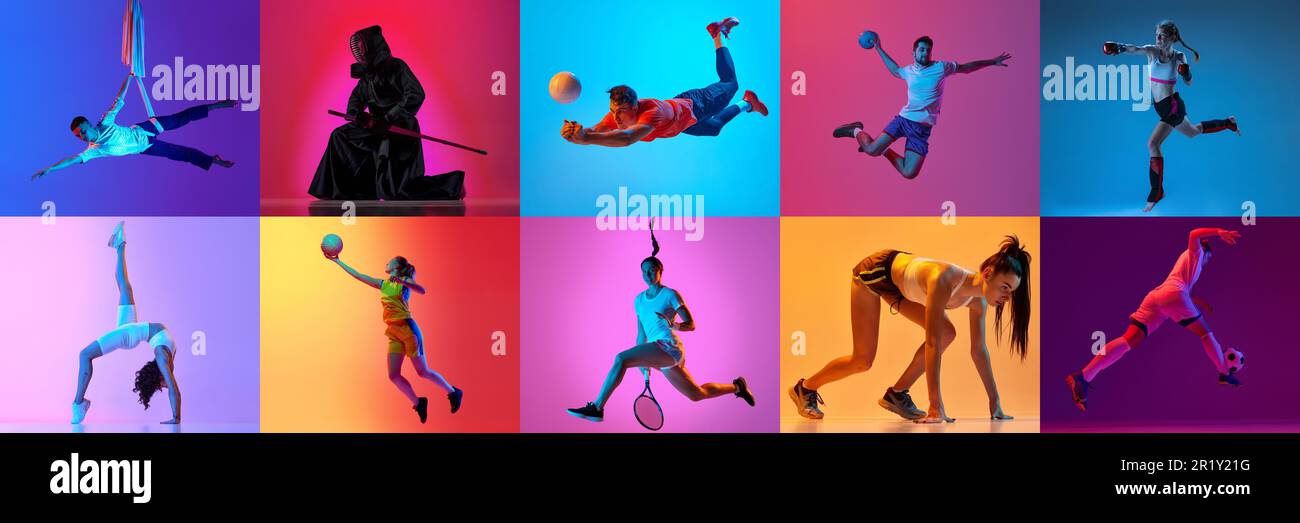 Collage made of different people training, doing diverse kind of sports ...
