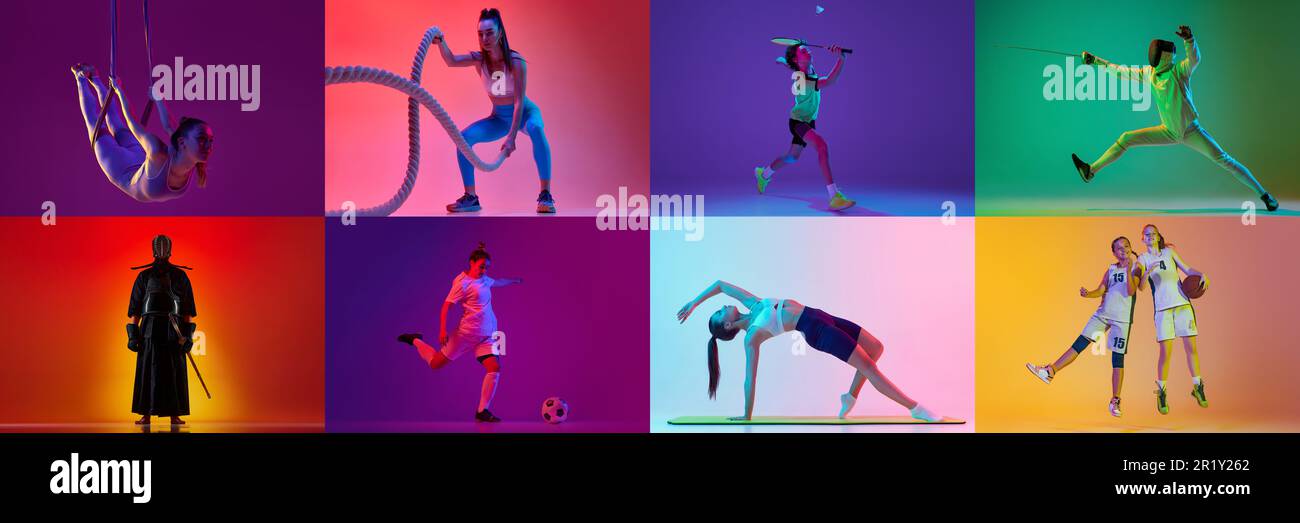 Collage. Different people, men and woman in uniform training, doing ...