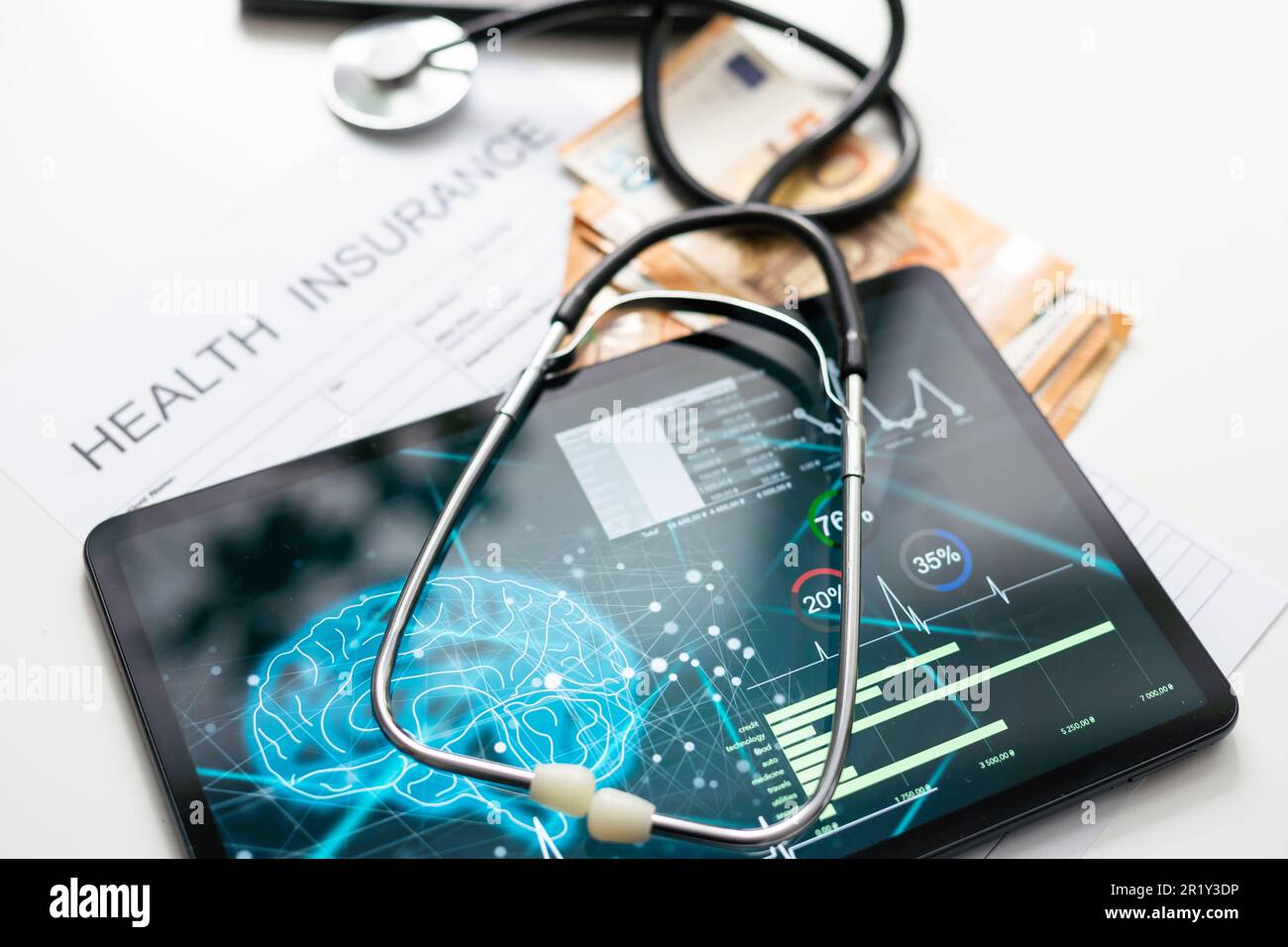 Modern social health insurance program. Tablet computer with healthcare ...