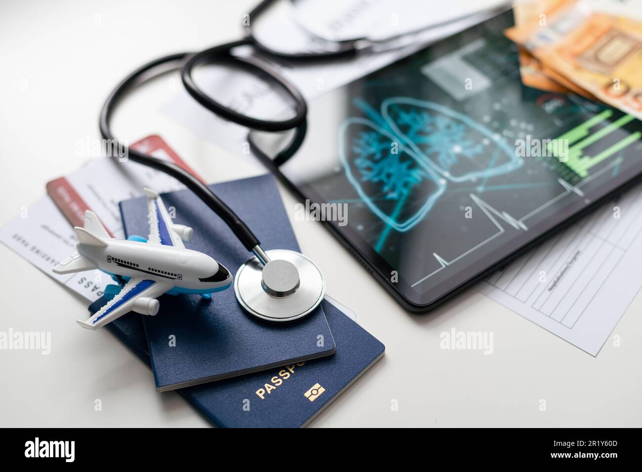 Modern social health insurance program. Tablet computer with healthcare ...