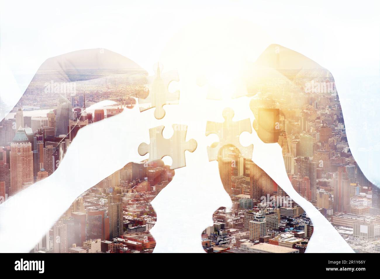 Problem solving, city and hands of people with puzzle pieces in a ...